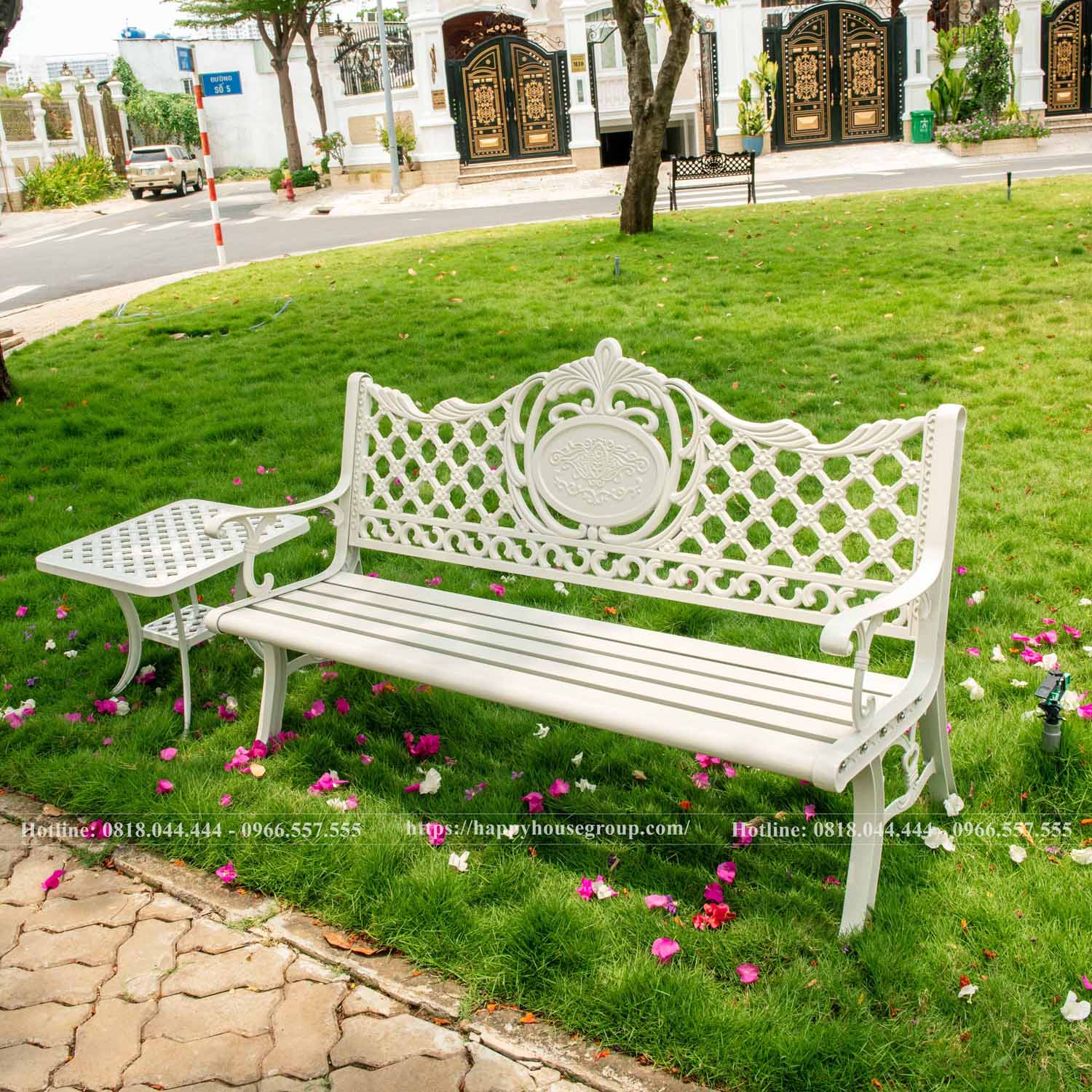 Ghế công viên nhôm đúc nan nhôm trắng kết hợp với tựa hoa văn GCVN-156
